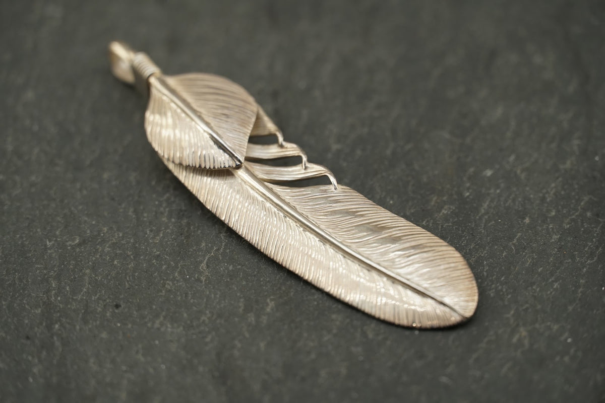Large Silver Feather Pendant (w/ silver heart feather) – Cotton Sheep